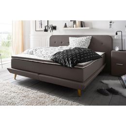 Boxspringbett Home Affaire, braun, Strukturstoff-Bezug (100% Polyester), Komplettbetten, "Premium", Steppung mit Knopfheftung, inkl. Topper