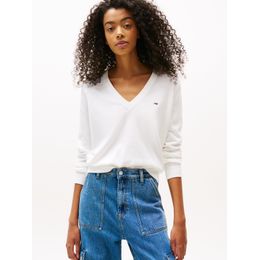 Tommy Jeans Damen V-Ausschnitt-Pullover "TJW ESSENTIAL VNECK SWEATER EXT", beige, Gr. XXL, unifarben, Strick, Obermaterial: 100% Baumwolle, Pullover,