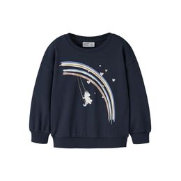 Sweatshirt name it "NMFVALONA LS LONG RLX SWEAT BRU", M&auml;dchen, Gr. 104, navy blazer print:unicorn rainbow, Sweatware, Obermaterial: 100% Baumwolle, bedruckt, relaxed fit normal, Rundhals, Rippb&uuml;ndchen, Sweatshirts Sweatshirt