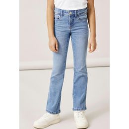 name it Mädchen Bootcut-Jeans "NKFPOLLY SKINNY BOOT JEANS 1142-AU NOOS", blau, Gr. 140, unifarben, Denim/Jeans, Obermaterial: 69% Baumwolle, 25%