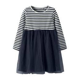 Minikleid name it "NMFTAIAS LS TULLE DRESS", M&auml;dchen, Gr. 104, N-Gr, navy blazer stripes:cloud dancer, Jersey, Obermaterial: 90% Baumwolle, 5% Elasthan, 5% metallisierte Fasern, geringelt, gestreift, unifarben, bequem, Rundhals, Kleider Minikleid