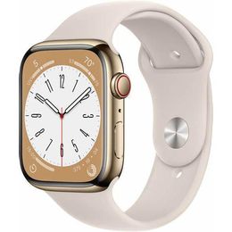 Apple Watch Series 8 (2022) GPS + Cellular 45 mm - Rostfreier Stahl Gold - Sportarmband Wei&szlig;
