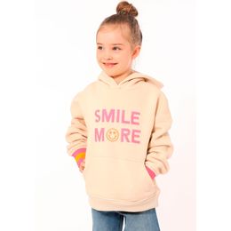 Hoodie Zwillingsherz ""Jovanna" Kids", Mädchen, Gr. 110/116, beige, Sweatware, Obermaterial: 50% Baumwolle, 50% Polyester, regular fit hüftbedeckend, ohne Ausschnitt, angesetztes Bündchen, Sweatshirts Hoodie, mit "Smile More"-Aufstick und neonfarbenen Armbündchen