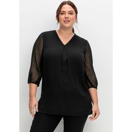 Longbluse sheego, Damen, Gr. 52, schwarz, 100% Polyester, unifarben, V-Ausschnitt, Blusen Longbluse