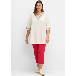 Longbluse sheego, Damen, Gr. 48, beige (champagner), 50% Viskose, 38% Baumwolle, 12% Leinen, unifarben, V-Ausschnitt, Blusen Longbluse