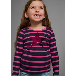 Langarmshirt Kidsworld "f&uuml;r kleine M&auml;dchen", M&auml;dchen, Gr. 116/122, bunt (marine, pink, gestreift), Jersey, Obermaterial: 100% Baumwolle, gestreift, mehrfarbig, Basic h&uuml;ftlang, Rundhals, abgesteppte Kante, Shirts Langarmshirt, lang&auml;rmlig, Basic-Passform, mit mehrfarbigen Streifen