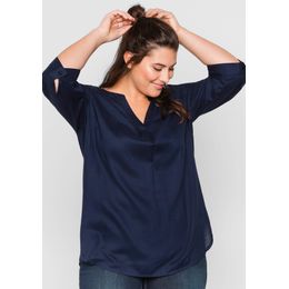 Longbluse sheego, Damen, Gr. 50, blau (marine), 100% Viskose, unifarben, Rundhals, Blusen Longbluse