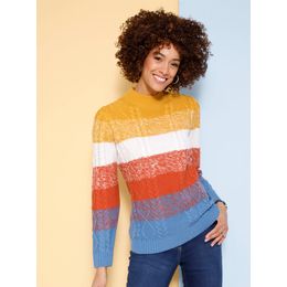 Stehkragenpullover Classic Basics "Rundhals-Pullover", Damen, Gr. 42, bunt (jeansblau, terra, gemustert), 100% Polyacryl, bedruckt, gemustert, mehrfarbig, Pullover Stehkragenpullover