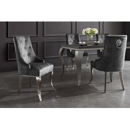 Riess Ambiente Stuhl MODERN BAROCK DELUXE grau Samt silber Edelstahlbeine mit L&ouml;wenkopf Polsterstuhl Riess-Ambiente Esszimmerstuhl K&uuml;chenstuhl