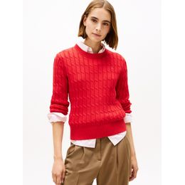 Rundhalspullover Tommy Hilfiger "CO CABLE MID GG C-NK LS SWT", Damen, Gr. M (38), primary rot, Strick, Obermaterial: 100% Baumwolle, unifarben, regular fit normal, Rundhals, Rippb&uuml;ndchen, Pullover Rundhalspullover