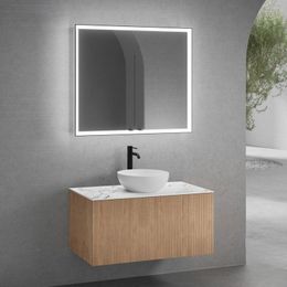 neoro n50 line Unterschrank B: 100 cm mit 1 Auszug, mit profilierter Eichenfront, Waschtisch &Oslash; 45 cm wei&szlig; matt, mit n60 Spiegelschrank f&uuml;r die