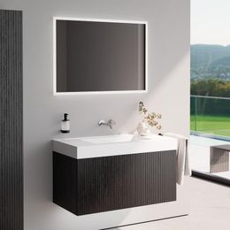 neoro n50 stripes Unterschrank B: 100 cm mit 1 Auszug, eiche schwarz profiliert, mit Spiegel, Waschtisch area, BN0159WM+BN0488BBO+BN0004MI,