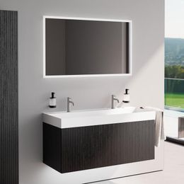 neoro n50 stripes Unterschrank B: 120 cm mit 1 Auszug, eiche schwarz profiliert, mit Spiegel, Doppelwaschtisch cube, BN0146WM+BN0489BBO+BN0005MI,