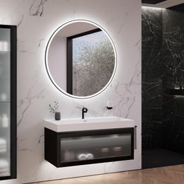 neoro n80 albus Unterschrank B: 120 cm mit 1 Auszug, mit profilierter Glasfront, mit Spiegel, Waschtisch cube, BN0140WM+BN0434PG+BN0024MI,