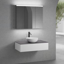 neoro n50 Unterschrank B: 100 cm mit 1 Auszug, Waschtisch &Oslash; 40 cm wei&szlig; matt, mit Spiegelschrank,, BN0064WM+BN0413WM+BN0403GR+BN0474MI,