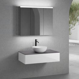 neoro n50 Unterschrank B: 100 cm mit 1 Auszug, Waschtisch &Oslash; 40 cm wei&szlig; matt, mit Spiegelschrank,, BN0064WM+BN0413WH+BN0403GR+BN0474MI,