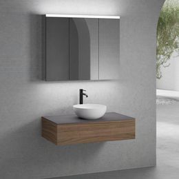 neoro n50 Unterschrank B: 100 cm mit 1 Auszug, Waschtisch &Oslash; 40 cm wei&szlig; matt, mit Spiegelschrank,, BN0064WM+BN0413WL+BN0403GR+BN0474MI,