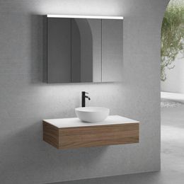 neoro n50 Unterschrank B: 100 cm mit 1 Auszug, Waschtisch &Oslash; 40 cm wei&szlig; matt, mit Spiegelschrank,, BN0064WM+BN0413WL+BN0403WH+BN0474MI,
