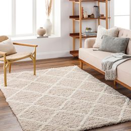 Hochflor-Teppich LIVABLISS "SMOLENSK", blau (hellbeige), B:160cm H:52mm L:220cm, Kunstfaser, Teppiche, Flauschig, Langflor, Weich, Boho Wohnzimmerteppich, Grau