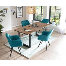 Essgruppe Salesfever, blau, Massivholz, Metall, Polyester, Sitzm&ouml;bel-Sets, "Stilvolle Essgruppe", 5-teilige Sitzgruppe mit 360 Drehplatte und echter