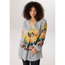 Schlupfbluse ANISTON PLUS, Damen, Gr. 54, hellblau, bedruckt, Web, Obermaterial: 100% Viskose, gebl&uuml;mt, l&auml;ssig geschnitten Po-bedeckend, V-Ausschnitt, Smokb&uuml;ndchen, Blusen Schlupfbluse