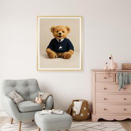 Bild mit Rahmen queence "Vintage Polo Teddy B&auml;r mit Krawatte", farbe rahmen: beige, farbe bild(er): blau, B:30cm H:40cm T:1,5cm, Acrylglas, Holzrahmen, Bilder, HD Premium Poster-Druck inkl. Echtholzrahmen in beige