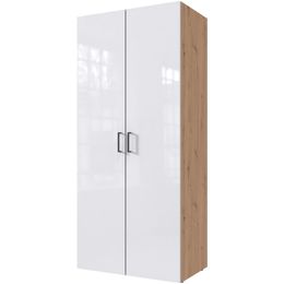 Kleiderschrank wimex "Mugano,in 3 Breiten, 2 Tiefen, viele Farben, Made in Germany", schwarz (front hochglanz lack wei&szlig;, korpus artisan, eiche nachbildung, griffe schwarz), Schr&auml;nke, Artisan-Eiche Nachbildung, B/H/T: 80cm x 185cm x 54cm, Ohne Spiegel, Basic, Holzwerkstoff, Kleiderschrank, mit kurzen Griffen aus Metall, B:80cm H:185cm T:54cm