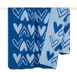 Wohndecke Pad "HEART", blau, B:150cm L:200cm, Mischgewebe, Wohndecken, Wohndecke, mit Wendefunktion, Motiv Herzen, gekettelter Zierstich, 150x200 cm