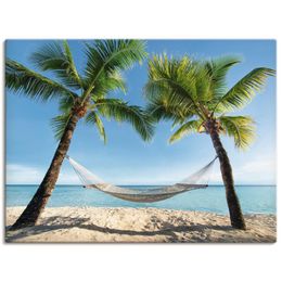 Wandbild Artland "Palmenstrand Karibik mit H&auml;ngematte", blau (farbe bild(er): blau), B:80cm H:60cm T:1,8cm, Bilder, auf Holzrahmen gespannt
