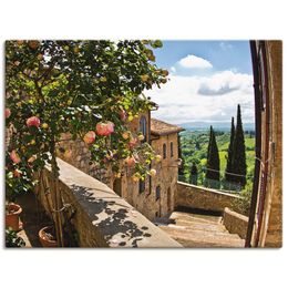 Wandbild Artland "Rosen auf Balkon Toskanalandschaft", grün (farbe bild(er): grün), B:80cm H:60cm, Bilder, als Leinwandbild, Poster in verschied. Größen