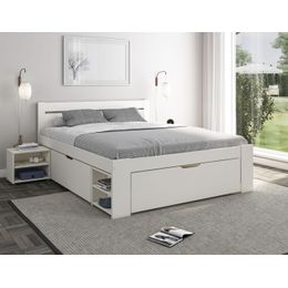 Massivholzbett OTTO HOME ""HANNES " mit Schubladen und Regalen, Nachtschrank ausziehbar, stabil", wei&szlig;, B:186cm, Betten, Massivholzbett, mit Rollrost, aus massivem Kiefernholz, FSC-zertifiziert, Topseller