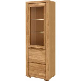 Vitrine Home Affaire "DENIS75, 5 Fächer, Teilmassiv, 1 Tür mit Glaseinsatz, grifflos", braun (eiche teilmassiv), B:65cm H:190cm T:40cm, Holz teilmassiv, Schränke, Vitrine, B/T/H:65/40/190cm, Einlegeboden teilwese verstellbar, Eiche geölt.