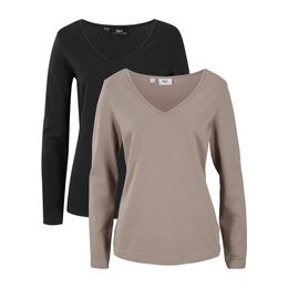 Langarmshirt bonprix "Figurbetontes Langarmshirt (2er Pack)", Damen, Gr. 44/46 (L), braun (taupe, schwarz), Web, Obermaterial: 95% Baumwolle, 5% Elasthan, unifarben, slim fit normal, V-Ausschnitt, Shirts Langarmshirt, Figurbetontes Langarmshirt (2er Pack)