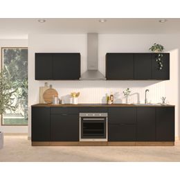 K&uuml;chenzeile GAMI "300 cm breit EDEN ohne E-Ger&auml;te", grau (k&uuml;che: schwarz, front: schwarz, korpus: eiche helvezia nachbildung, arbeitsplatte: eiche helvezia nachbildung), B:300cm H:200cm T:60cm, Komplettk&uuml;chen-Sets, K&uuml;chenzeile, melaminbeschichtet, pflegeleicht, ohne Elektroger&auml;te, ohne Auslass