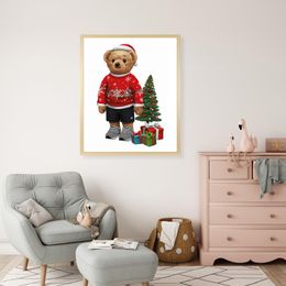 Bild mit Rahmen queence "Teddy B&auml;r mit Weihnachtsm&uuml;tze und Geschenken", farbe rahmen: beige, farbe bild(er): rot, B:40cm H:50cm T:1,5cm, Acrylglas, Holzrahmen, Bilder, HD Premium Poster-Druck inkl. Echtholzrahmen in beige