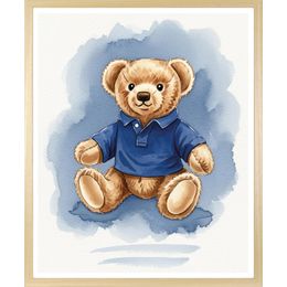 Bild mit Rahmen queence "Vintage Polo Teddy B&auml;r in Poloshirt", farbe rahmen: beige, farbe bild(er): blau, B:40cm H:50cm T:1,5cm, Acrylglas, Holzrahmen, Bilder, HD Premium Poster-Druck inkl. Echtholzrahmen in beige