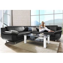 Ecksofa Trendmanufaktur "Rondo wahlweise mit Schlaffunktion, bequeme Armlehnen, Bestseller", schwarz, B:267cm H:85cm T:247cm, Microfaser PRIMABELLE (100% Polyester);Kunstleder SOFTLUX;Struktur (54% Polyacryl, 46% Polyester);NaturLEDER (echtes Rindsleder) in Sitz und R&uuml;cken, Korpus Kunstleder SOFTLUX, Sofas, Ecksofa, L-Form, wahlw.mit Federkern, F&uuml;&szlig;e chromfarben, Unser Dauertiefpreis, Topseller