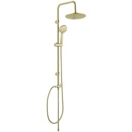 Duschsystem Wenko "Young Line", gold, H:101cm, ABS-Kunststoff, Edelstahl, Messing, Brausegarnituren, Duschstange mit Halter, Handbrause, Regenduschkopf & Duschschlauch