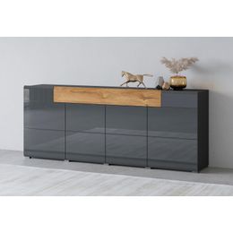 Sideboard Inosign "Toledo,Breite 208cm,moderne Kommode mit dekorative Fräsungen,grifflos", schwarz (antrazit matt, antrazit hgl, alteiche), B:208cm H:83,5cm, ABS-Kunststoff, FSC-zertifizierter Holzwerkstoff, MDF, Melamin, Metall, Sideboards, Sideboard, Kombikommode mit viel Stauraum, Einlegeböden verstellbar