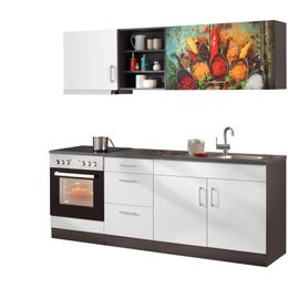 K&uuml;chenzeile KOCHSTATION "KS-Paris &ndash; K&uuml;chen mit einzigartigen Fotomotiven auf den Fronten", wei&szlig; (k&uuml;che: wei&szlig;, front: wei&szlig;, korpus: grafit, arbeitsplatte: anthrazit), B:210cm T:60cm, Komplettk&uuml;chen-Sets, K&uuml;chenzeile, Breite 210 cm, wahlweise mit E-Ger&auml;ten, mit Motivdruck