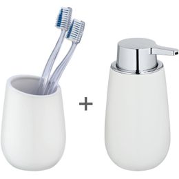 Badaccessoire-Set Wenko "Badi", wei&szlig;, matt, Keramik, Badaccessoires-Sets, bestehend aus Seifenspender und Zahnputzbecher, Keramik