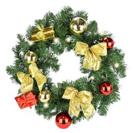 Kunstkranz I.GE.A. "LED-Weihnachtskranz dekoriert", rot, gold, B:45cm H:12cm L:45cm, Kunststoff, Kunstpflanzen, Kranz mit Kugeln Schleifen Geschenkpackungen Beleuchtung Tannenkranz