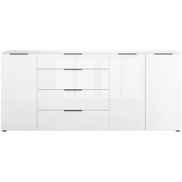 Sideboard MANJANA M&Ouml;BEL "Style", wei&szlig; matt, wei&szlig;glas, metall schwarz matt, B:225cm H:98,7cm T:40cm, Glas, Metall, Sicherheitsglas ESG, Spanplatte, Sideboards, Sideboard, mit Metallgriffen & Glasfront, Soft-Close, Selbsteinzug, in 2 Breiten