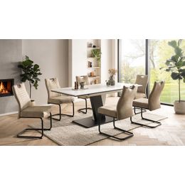 Essgruppe OTTO HOME ""Altona", Esstisch ausziehbar plus 6 St&uuml;hle, TOPSELLER", wei&szlig;, beige, beige, schwarz, Microfaser, Synchron-Auszug, Sitzm&ouml;bel-Sets, Essgruppe, S&auml;ulentisch 140-180x90 cm, Stuhl mit Federkorb, 140 kg belastbar