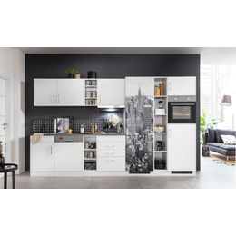 K&uuml;chenzeile KOCHSTATION "KS-Paris &ndash; K&uuml;chen mit einzigartigen Fotomotiven auf den Fronten", wei&szlig; (k&uuml;che: wei&szlig;, front: wei&szlig;, korpus: wei&szlig;, arbeitsplatte: anthrazit), B:350cm H:200cm T:60cm, Komplettk&uuml;chen-Sets, K&uuml;chenzeile, Breite 350 cm, wahlweise mit E-Ger&auml;ten und Induktion