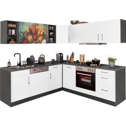 K&uuml;chenzeile KOCHSTATION "KS-Paris &ndash; K&uuml;chen mit einzigartigen Fotomotiven auf den Fronten", wei&szlig; (k&uuml;che: wei&szlig;, korpus: grafit, arbeitsplatte: anthrazit), B:220cm H:200cm T:60cm, Komplettk&uuml;chen-Sets, K&uuml;chenzeile, Stellbreite 220/220 cm, wahlweise mit E-Ger&auml;ten, mit Motivdruck