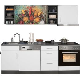 K&uuml;chenzeile KOCHSTATION "KS-Paris &ndash; K&uuml;chen mit einzigartigen Fotomotiven auf den Fronten", wei&szlig; (k&uuml;che: wei&szlig;, front: wei&szlig;, korpus: grafit, arbeitsplatte: anthrazit), B:220cm T:60cm, Komplettk&uuml;chen-Sets, K&uuml;chenzeile, Breite 220 cm, wahlweise mit E-Ger&auml;ten, mit Motivdruck