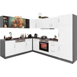K&uuml;chenzeile KOCHSTATION "KS-Paris &ndash; K&uuml;chen mit einzigartigen Fotomotiven auf den Fronten", wei&szlig; (k&uuml;che: wei&szlig;, front: wei&szlig;, korpus: grafit, arbeitsplatte: anthrazit), B:220cm H:200cm T:60cm, Komplettk&uuml;chen-Sets, K&uuml;chenzeile, Stellbreite 220/280 cm, wahlweise mit E-Ger&auml;ten, mit Motivdruck
