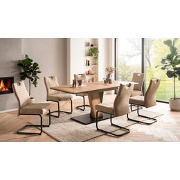 Essgruppe OTTO HOME ""Altona", Esstisch ausziehbar plus 6 Stühle, TOPSELLER", eiche, beige, beige, schwarz, Microfaser, Synchron-Auszug, Sitzmöbel-Sets, Essgruppe, Säulentisch 140-180x90 cm, Stuhl mit Federkorb, 140 kg belastbar