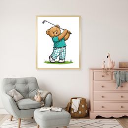 Bild mit Rahmen queence "Teddy B&auml;r auf Golfplatz", farbe rahmen: beige, farbe bild(er): t&uuml;rkis, B:30cm H:40cm T:1,5cm, Acrylglas, Holzrahmen, Bilder, HD Premium Poster-Druck inkl. Echtholzrahmen in beige